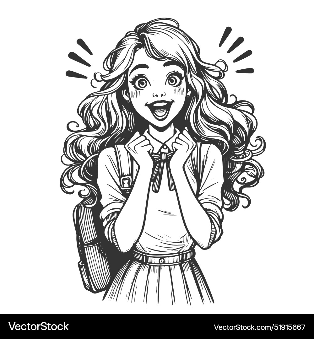 Excited schoolgirl with backpack engraving Vector Image