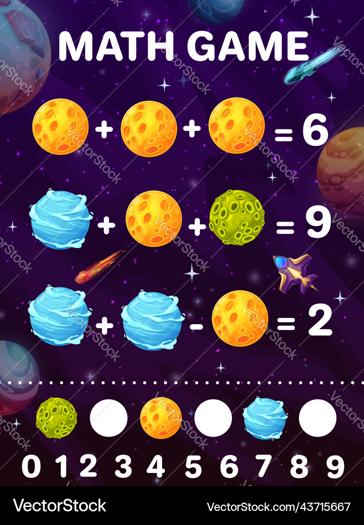 Kids math game worksheet with cartoon space planet