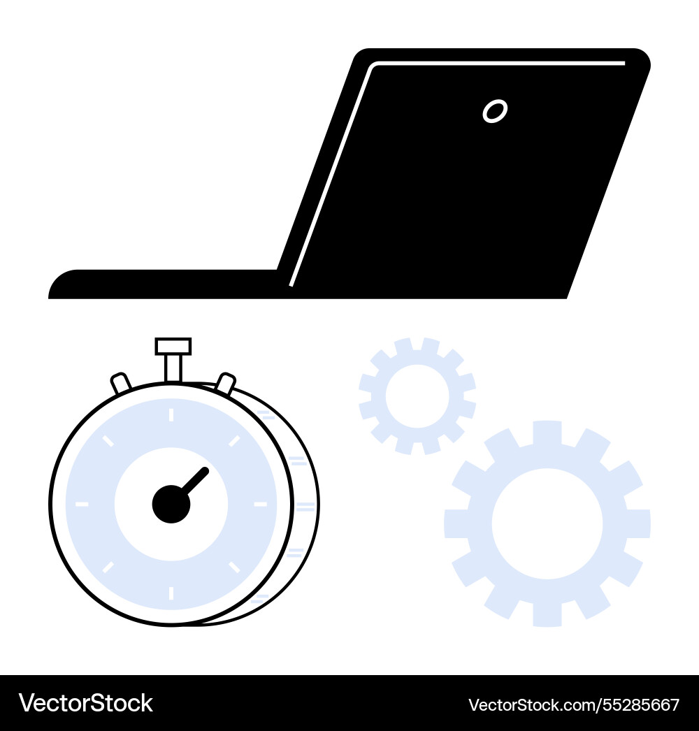 Laptop with stopwatch and gears representing Vector Image