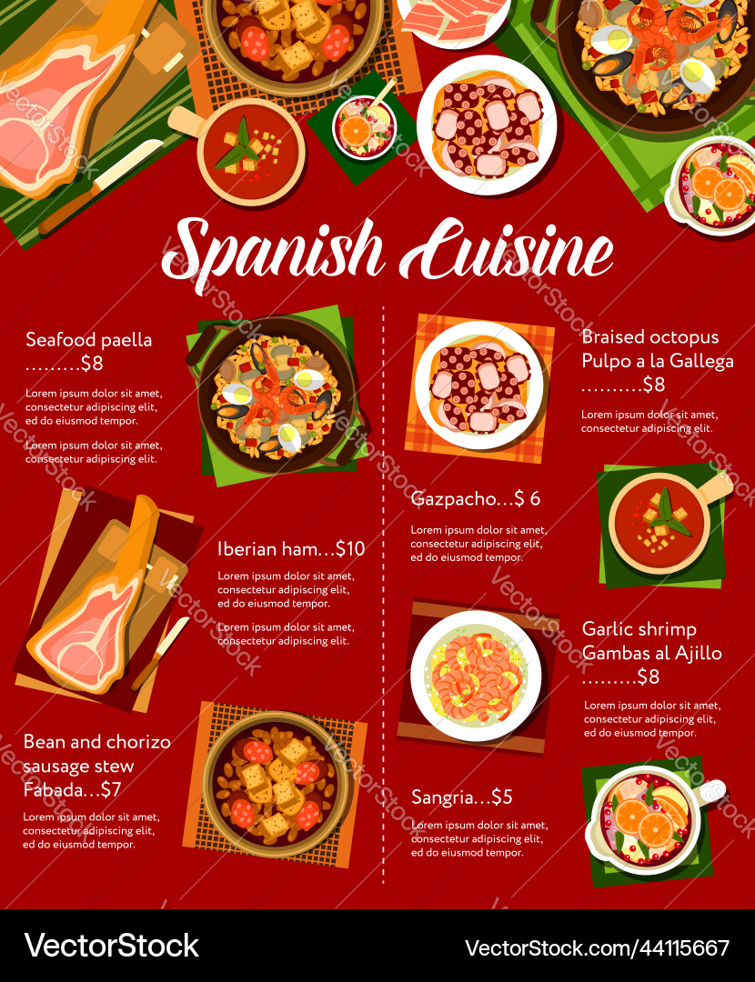 Spanish cuisine restaurant menu page template Vector Image