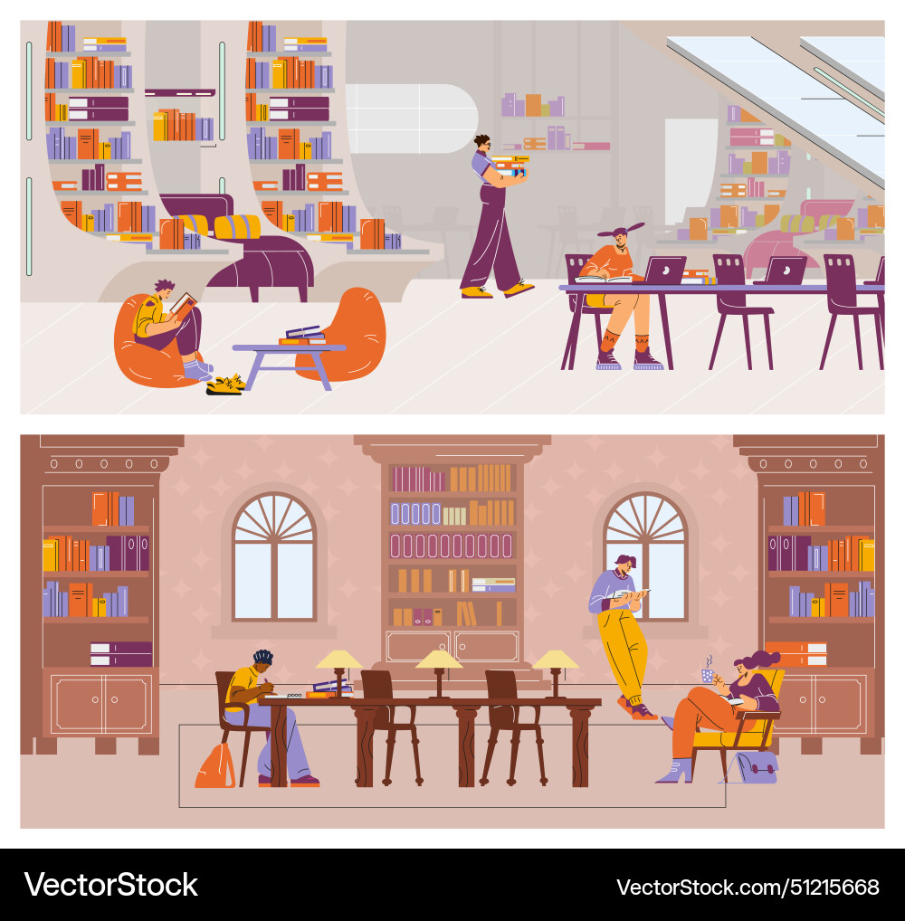 Cozy library scene set Royalty Free Vector Image