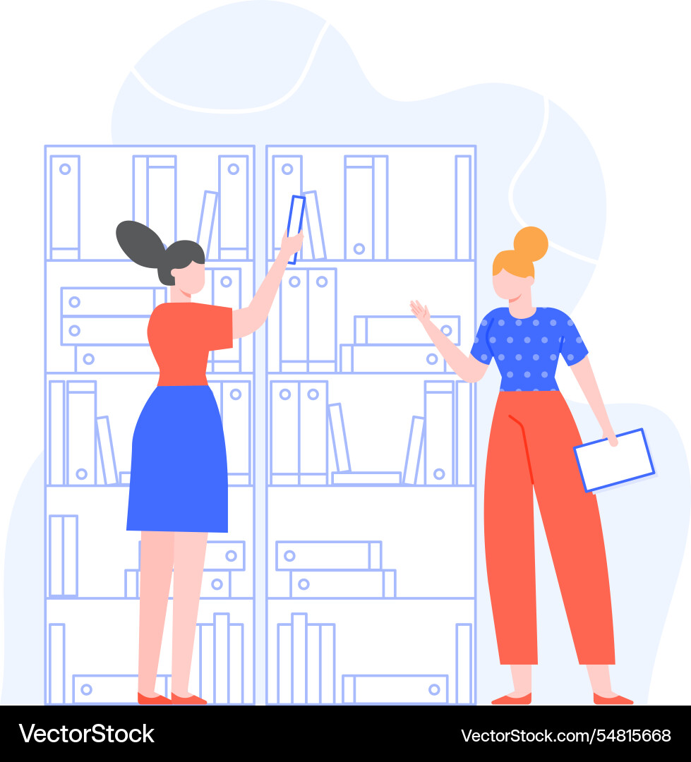 Two young office workers collaborating while Vector Image