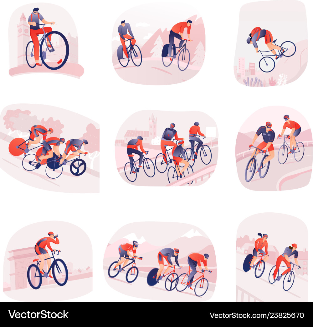 Cycling tour set of compositions Royalty Free Vector Image