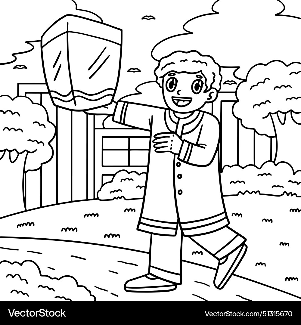 Diwali child with sky lantern coloring page Vector Image