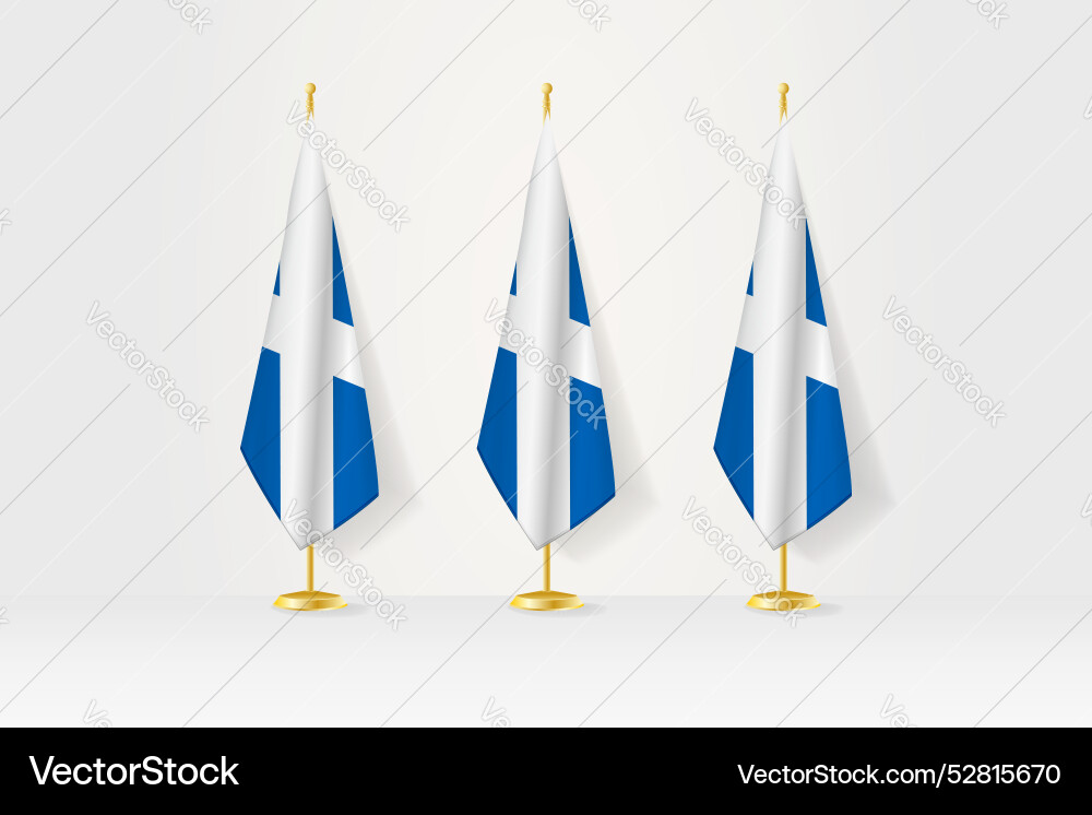 Three scotland flags in a row on golden stand Vector Image