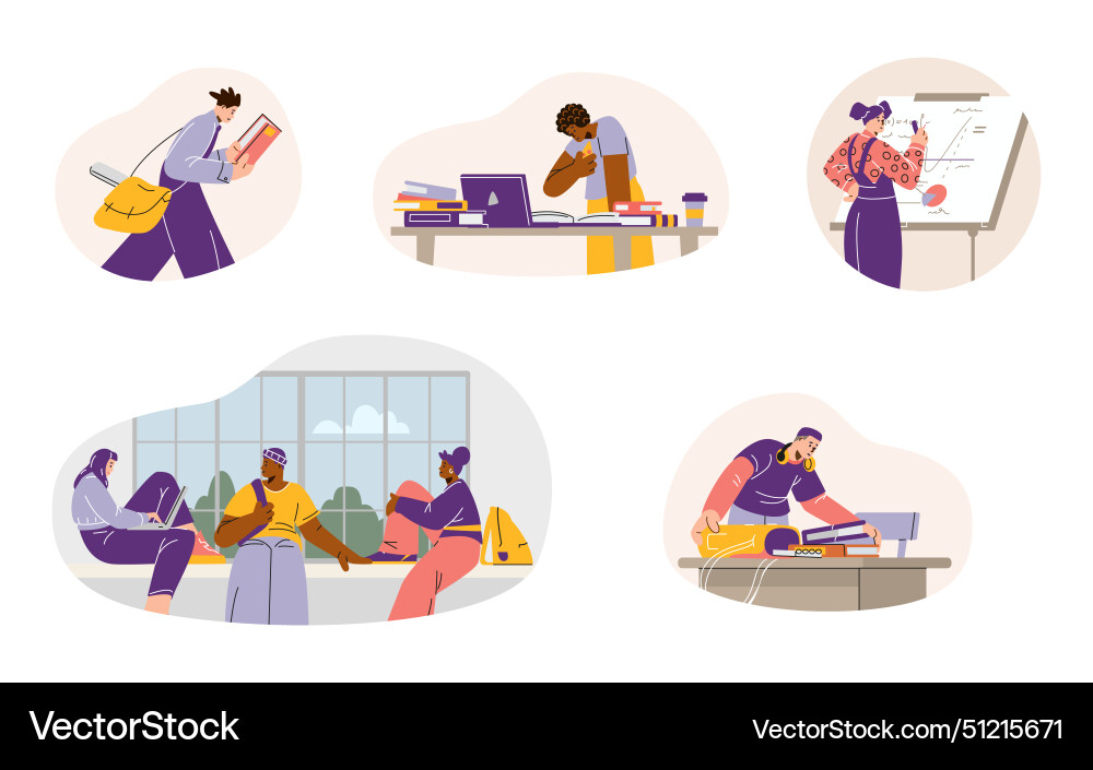 Dynamic college life and study set Royalty Free Vector Image