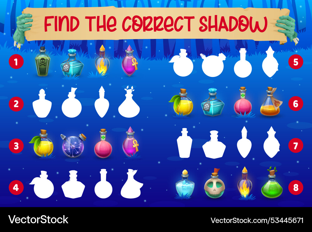 Find correct shadow of magic potion bottles game Vector Image