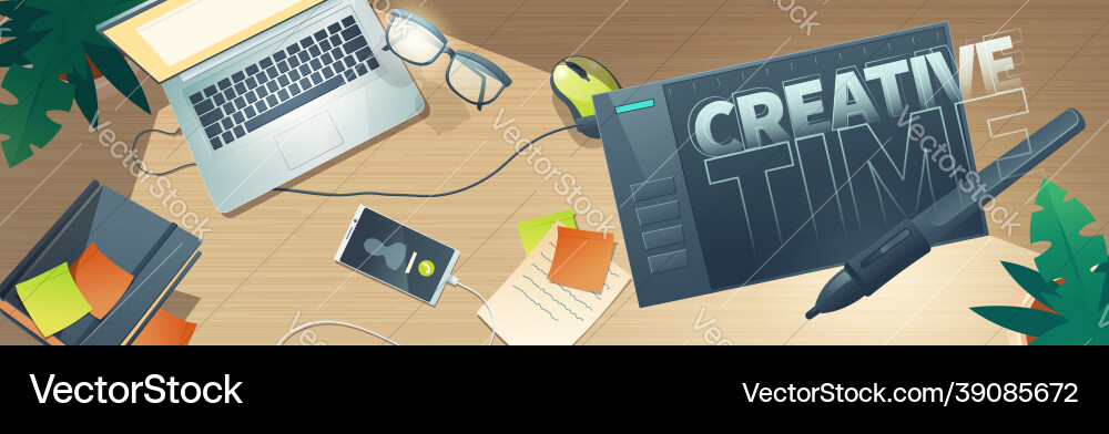 Banner with top view of designer workspace Vector Image