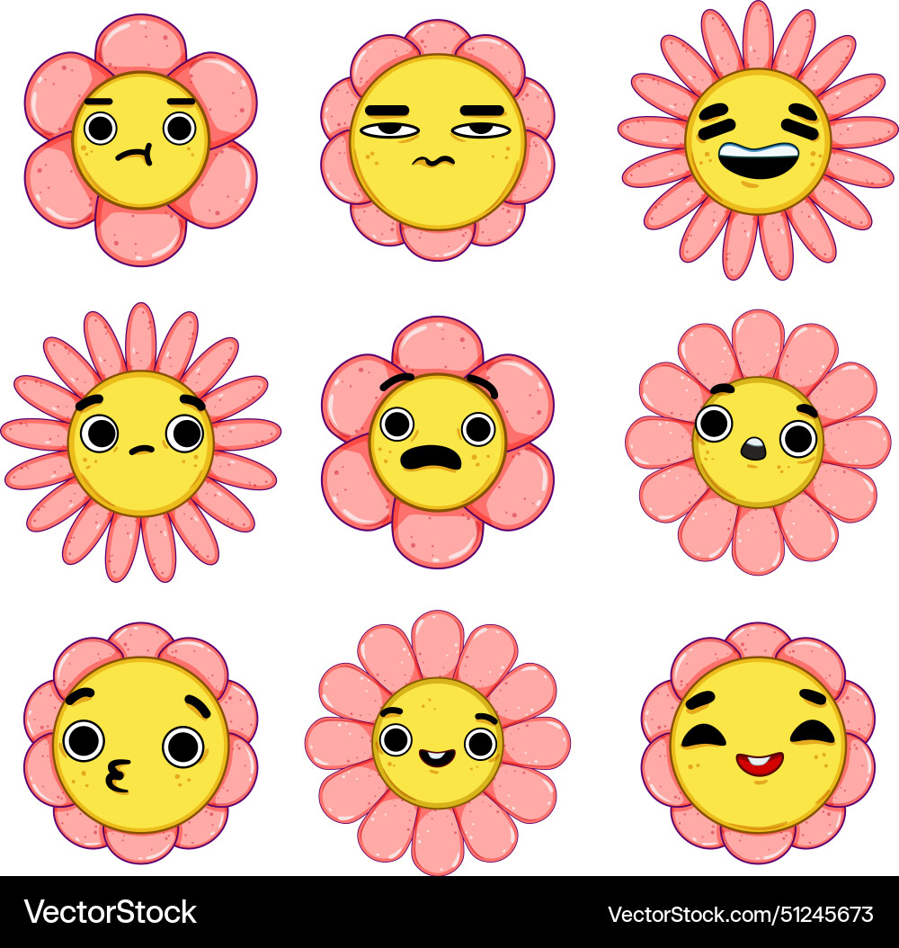 Flower character set cartoon Royalty Free Vector Image