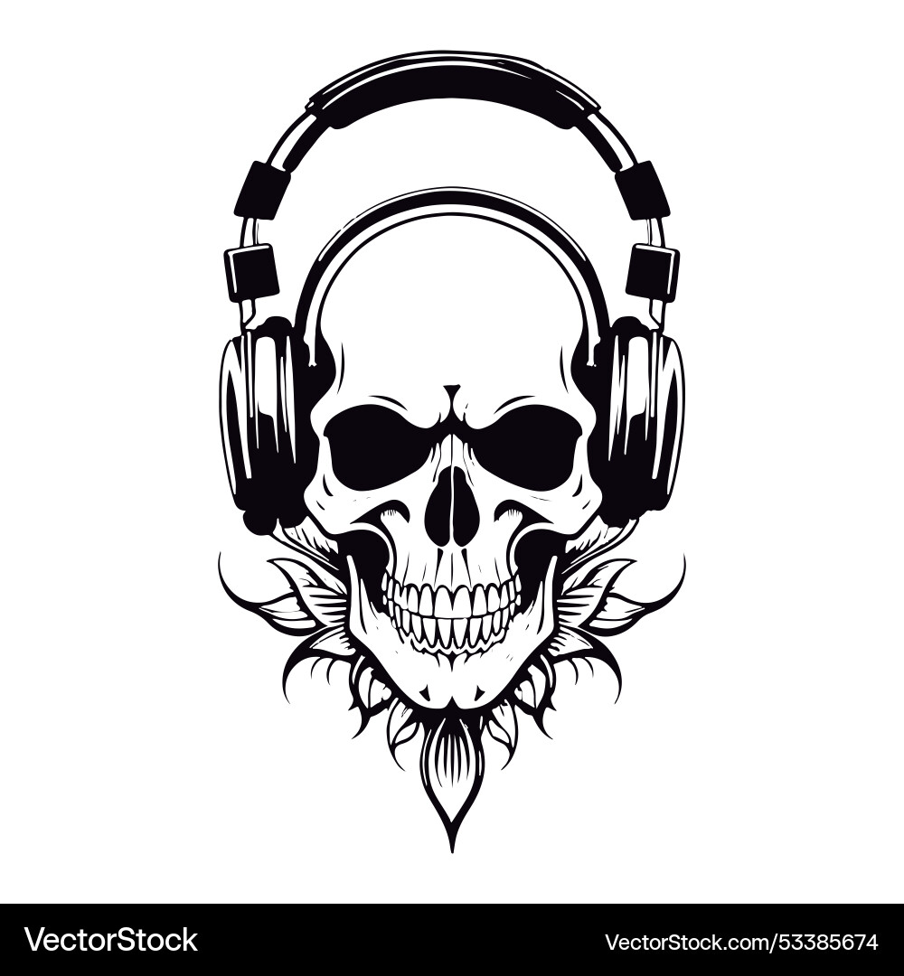 Black and white outline etching on a skull wearing