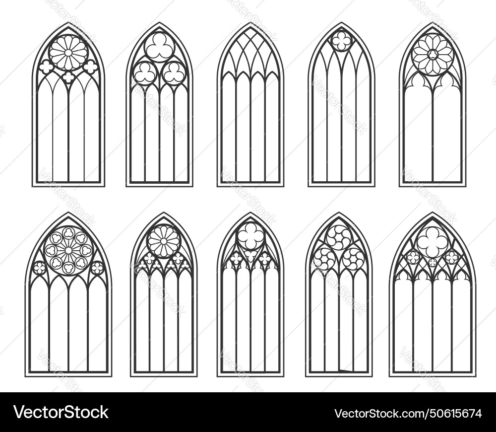 Catholic gothic church windows and medieval arch Vector Image