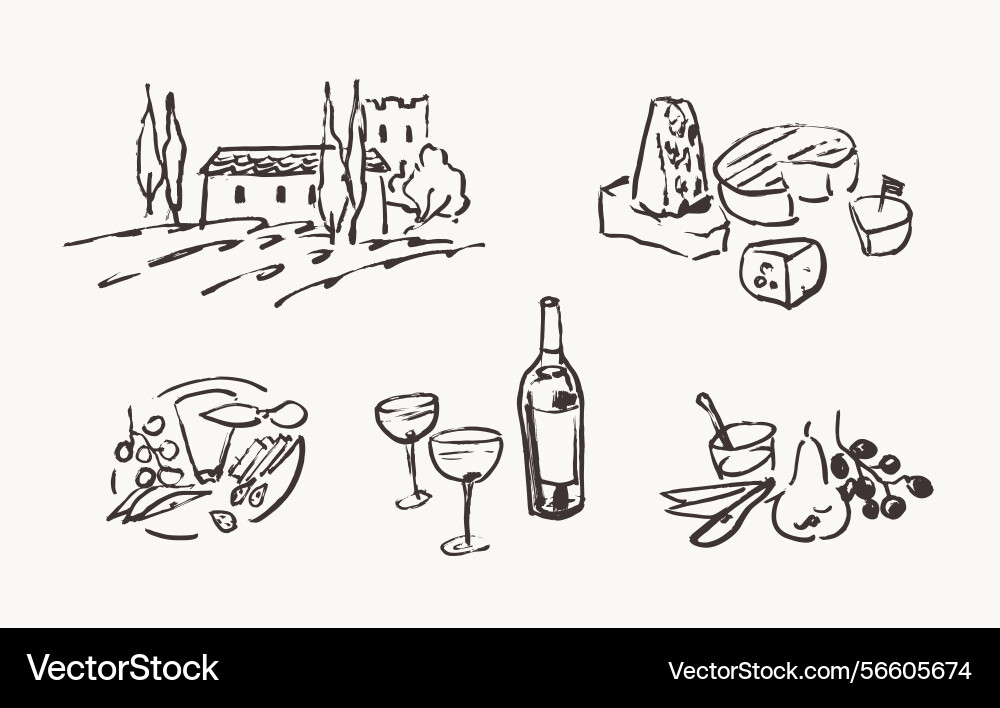 Wine and cheese line art drawings Royalty Free Vector Image