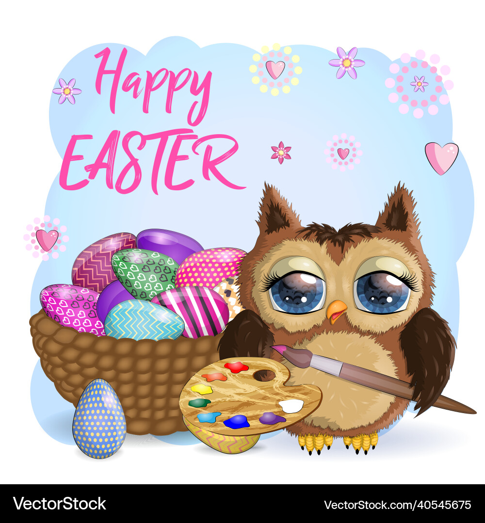 Cute cartoon owl with easter eggs basket greeting Vector Image