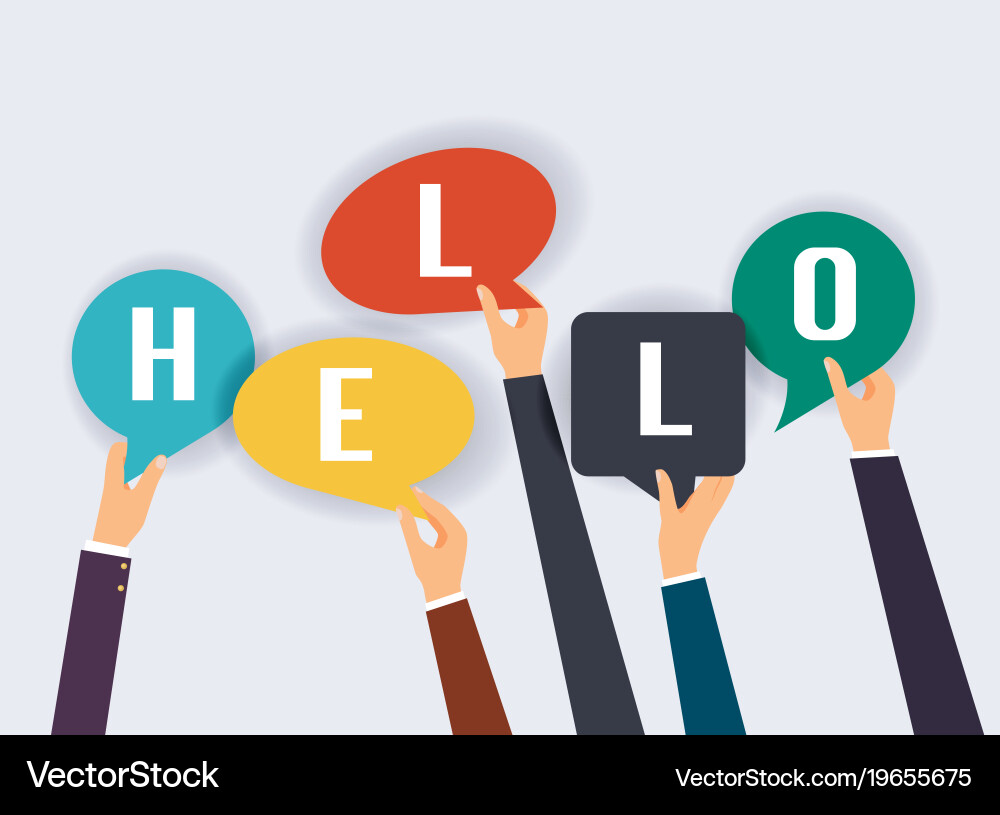 Hands holding speech bubbles with the word hello Vector Image