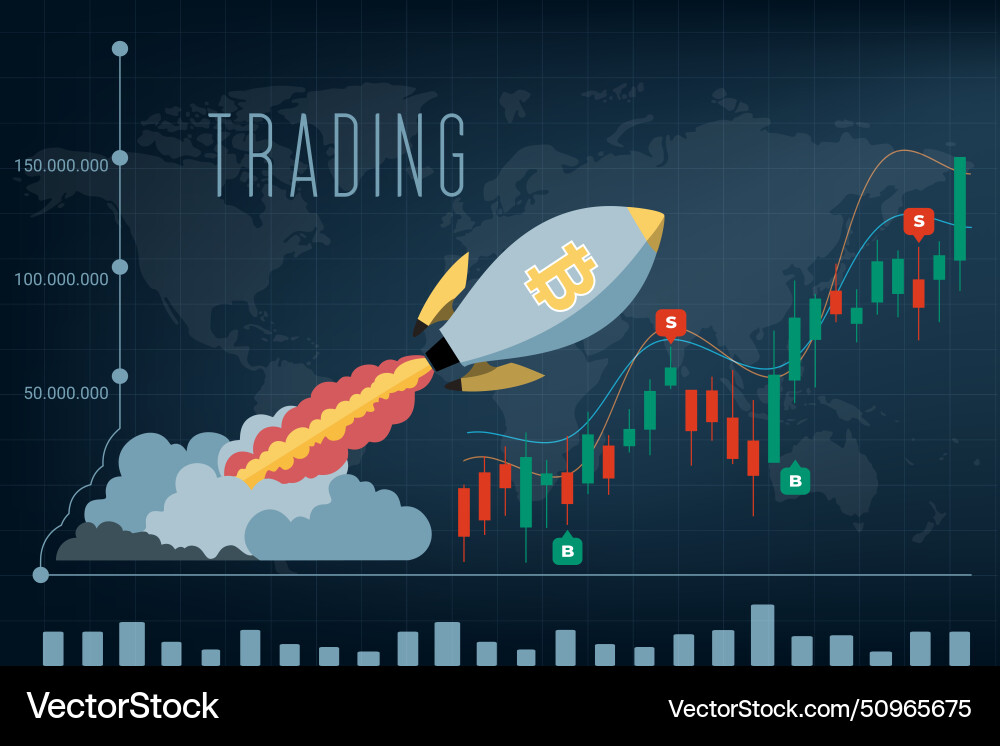 Trading chart with rocket and growth Royalty Free Vector