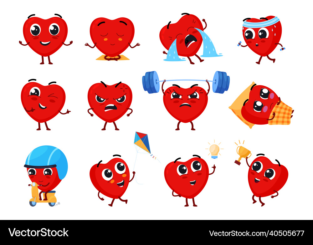 Fun cartoon red heart character collection Vector Image