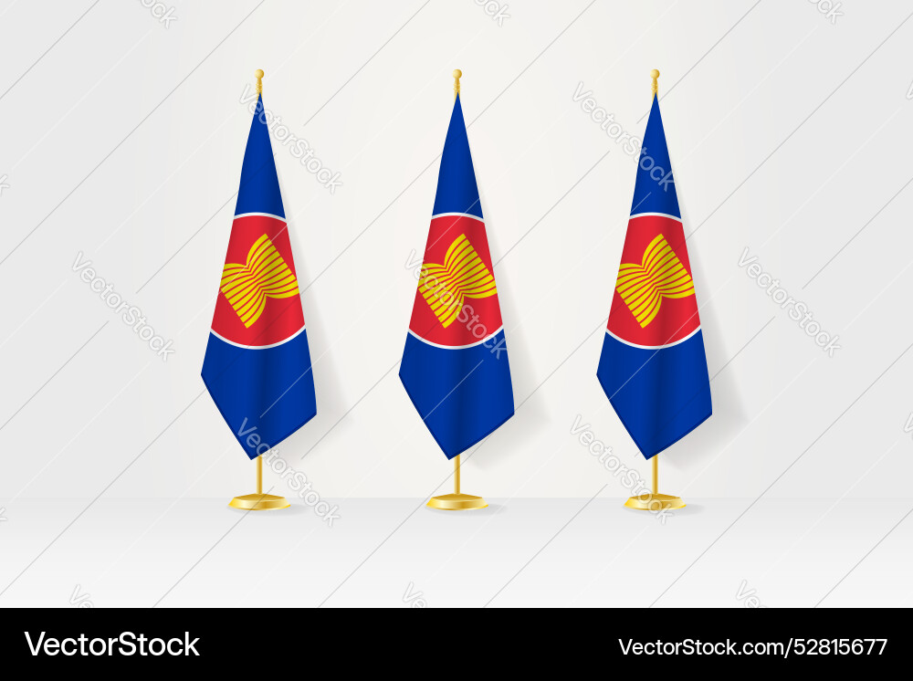 Three asean flags in a row on golden stand Vector Image