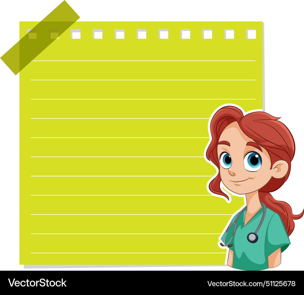 Cartoon nurse smiling beside a yellow notepad Vector Image