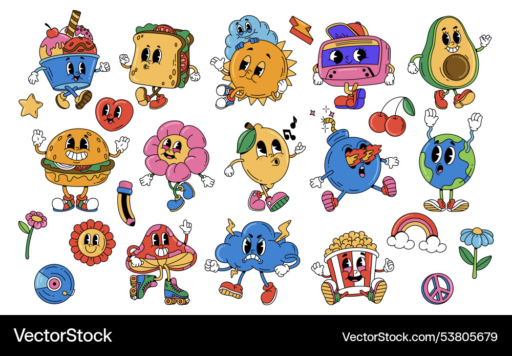 Flat groovy 70s character element set Royalty Free Vector