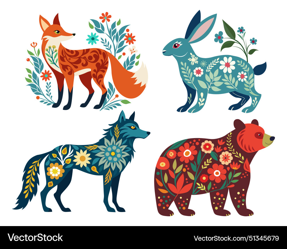 Forest animals with floral pattern Royalty Free Vector Image