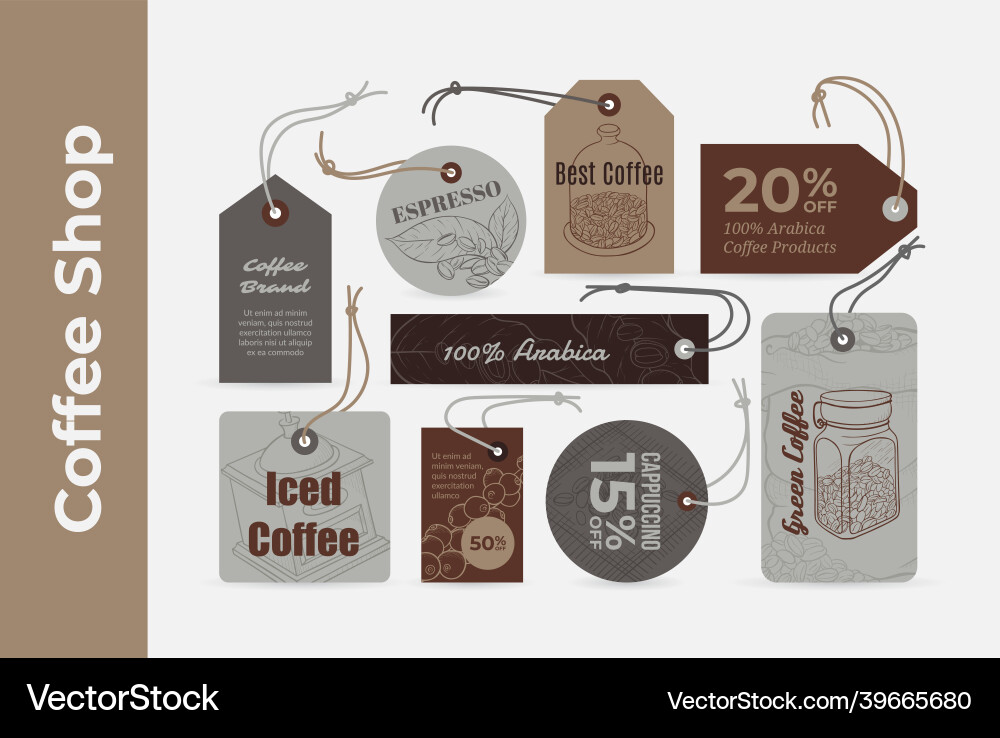 Coffee shop label and tag on rope set Royalty Free Vector