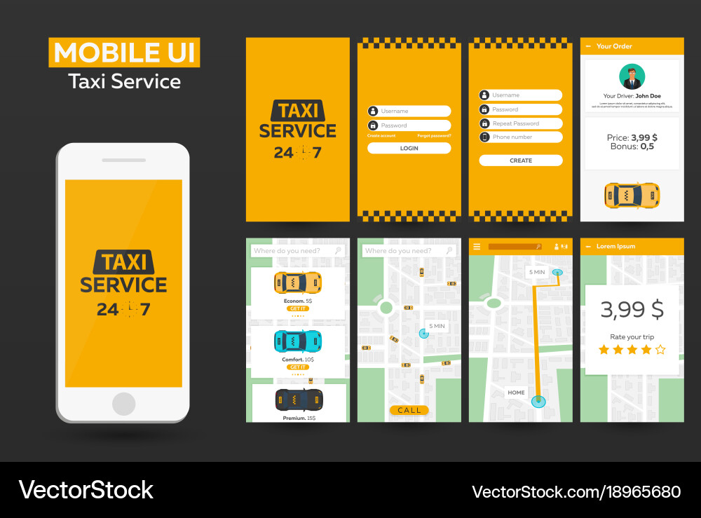 Mobile app taxi service material design ui ux Vector Image