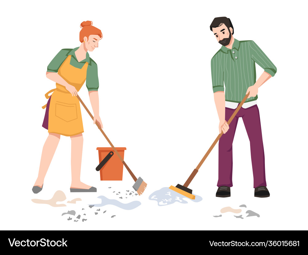 Couple people sweeping and washing mops floor Vector Image