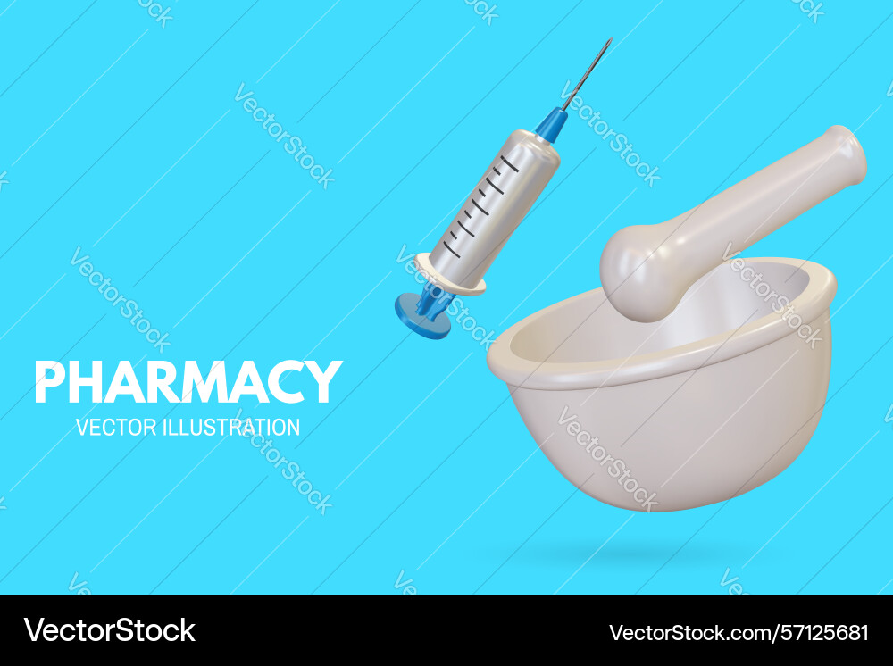 Pharmacy poster banner with 3d realistic mortar Vector Image