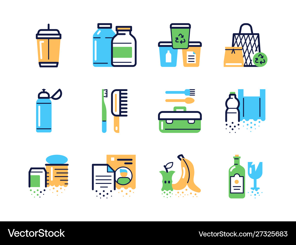 Zero waste color linear icons set Royalty Free Vector Image