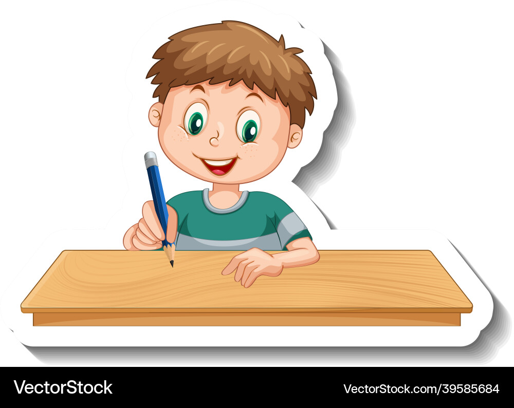 Sticker template with a boy writing on the table Vector Image