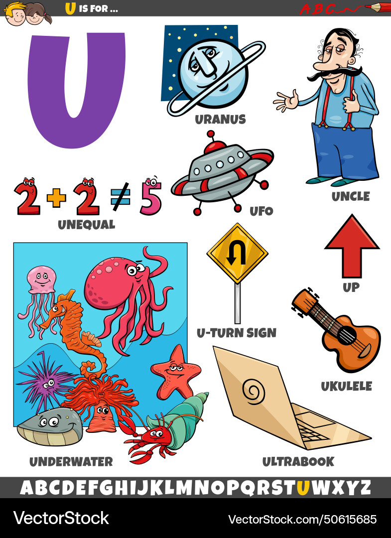 Letter u set with cartoon objects and characters Vector Image