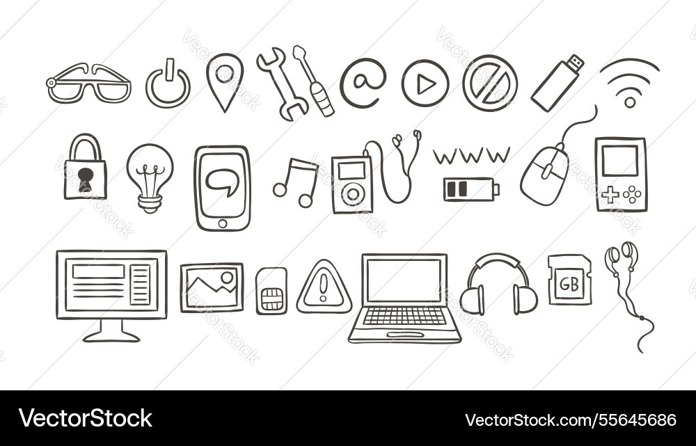 Hand-drawn technology icon set Royalty Free Vector Image