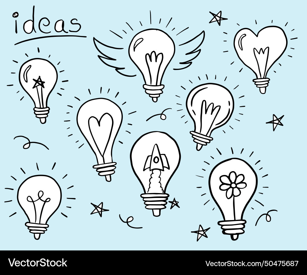 Light bulbs ideas hand drawn doodles Royalty Free Vector