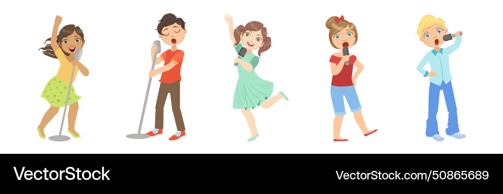 Little children singing with microphone performing