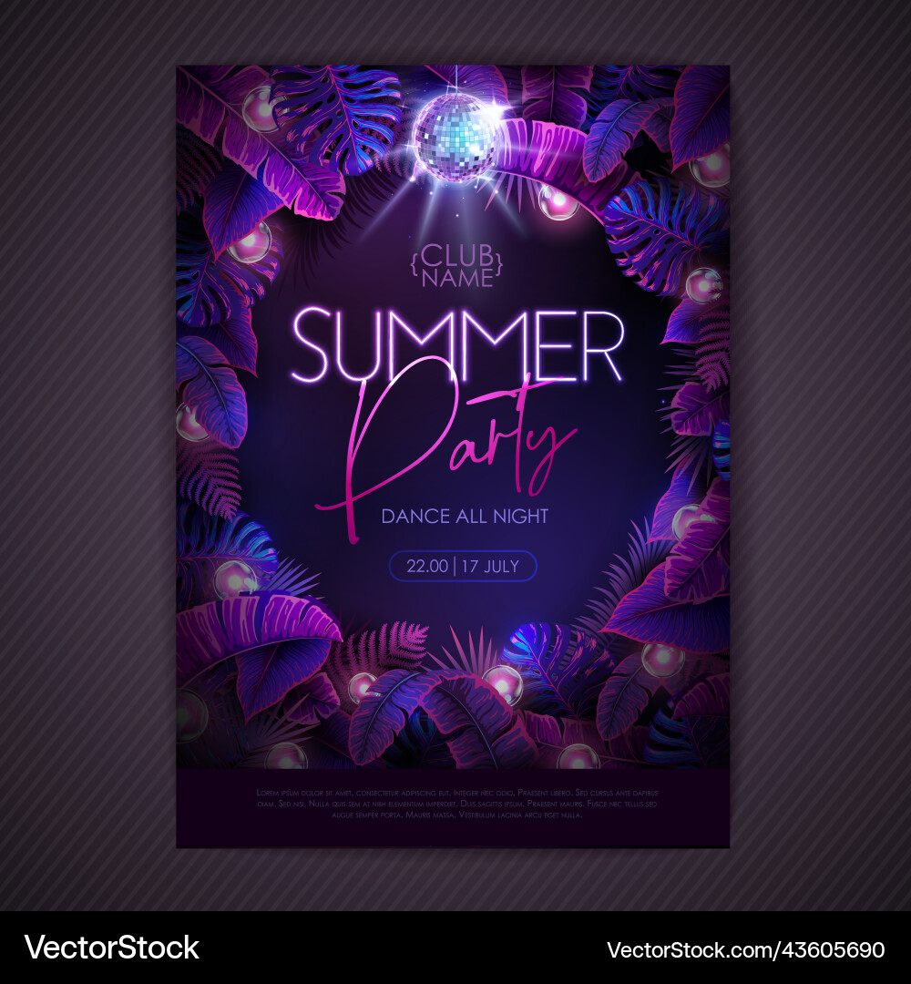 Disco party poster with fluorescent tropic leaves Vector Image
