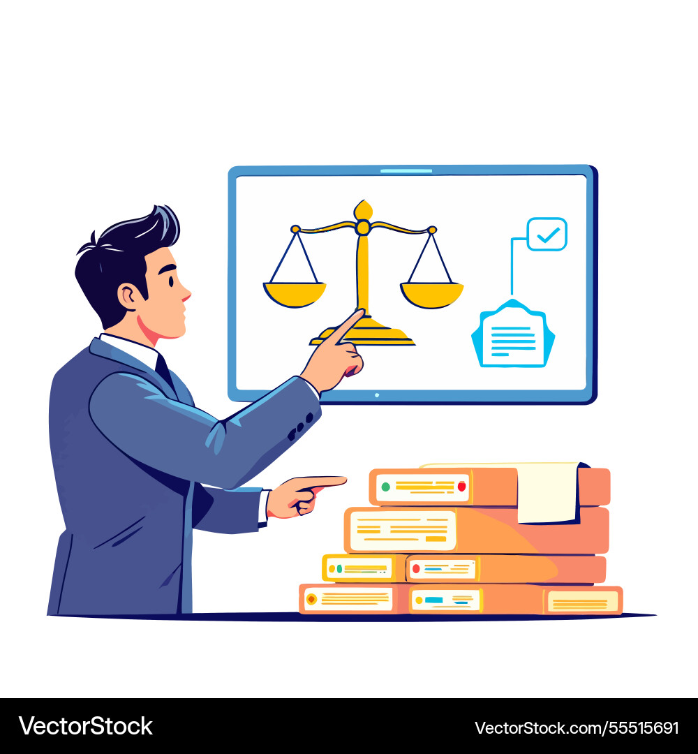 Ai-generated lawyer pointing at scales of justice Vector Image