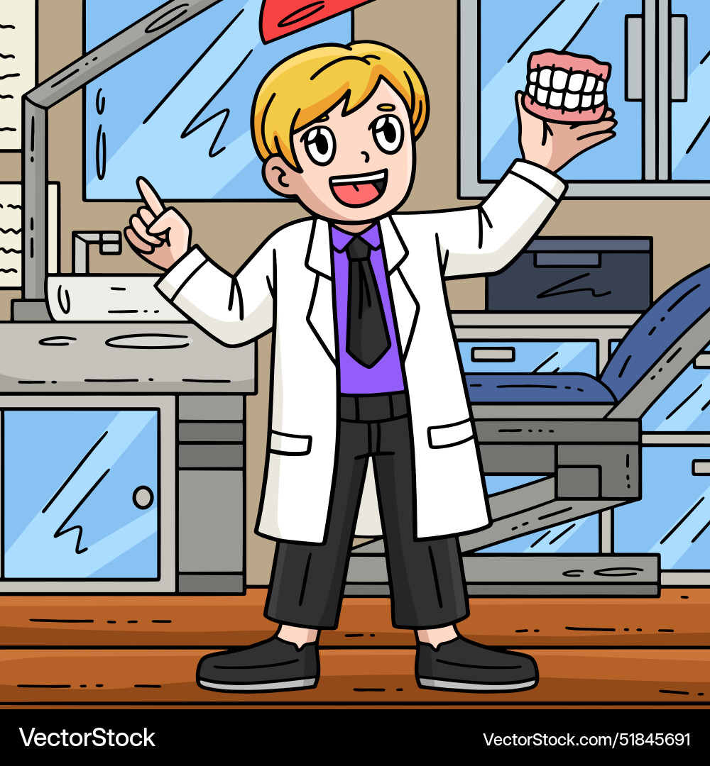 Dentist holding dentures colored cartoon Vector Image