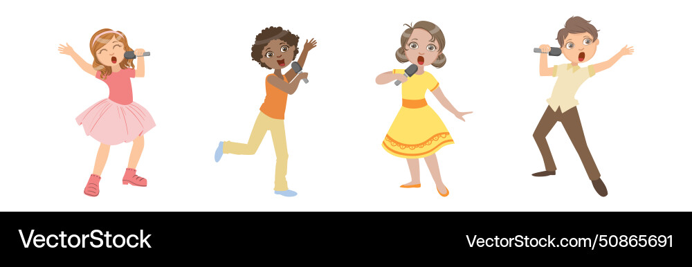 Little children singing with microphone performing