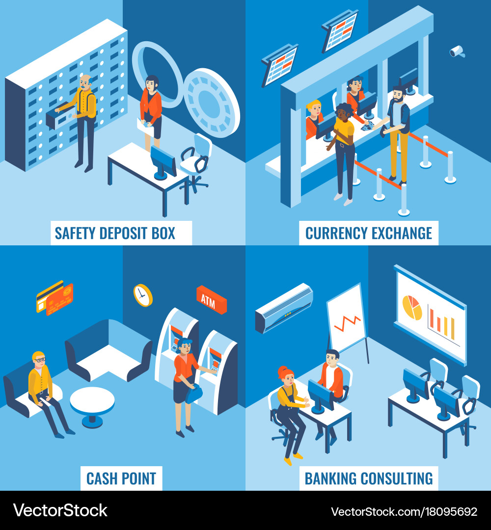 Bank services flat 3d isometric poster set Vector Image
