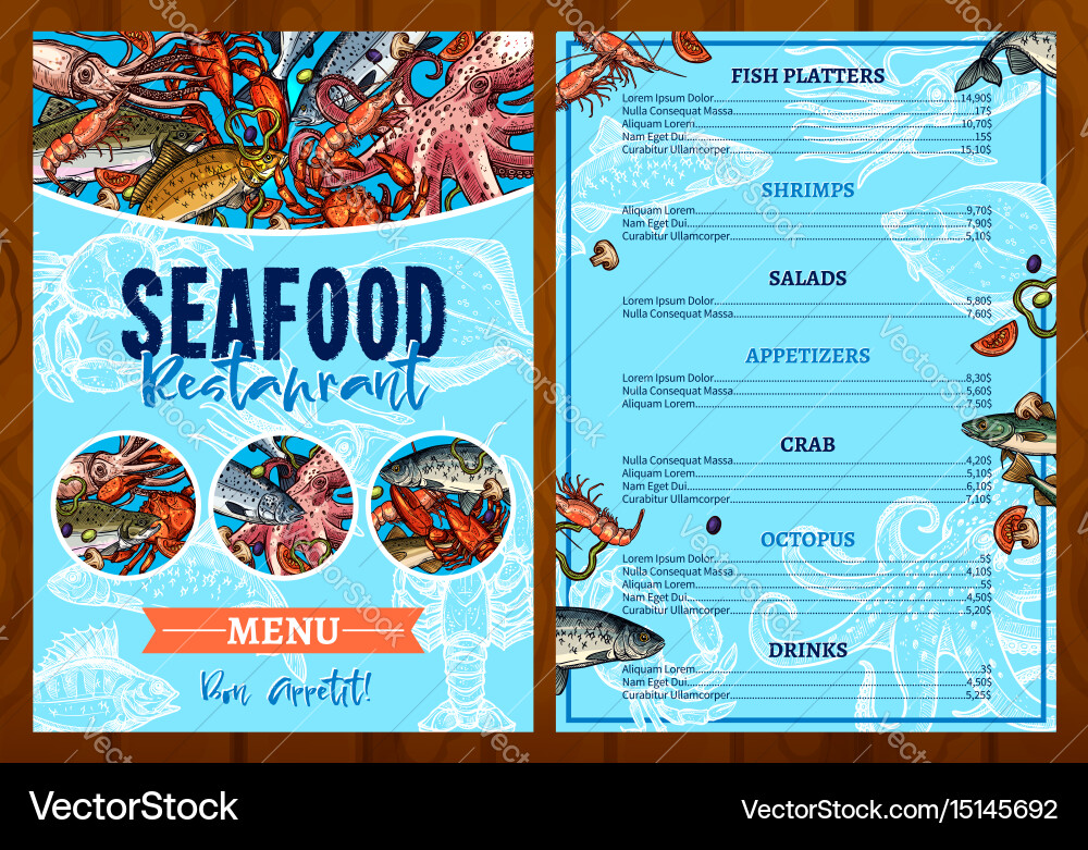 Menu for seafood fish restaurant Royalty Free Vector Image