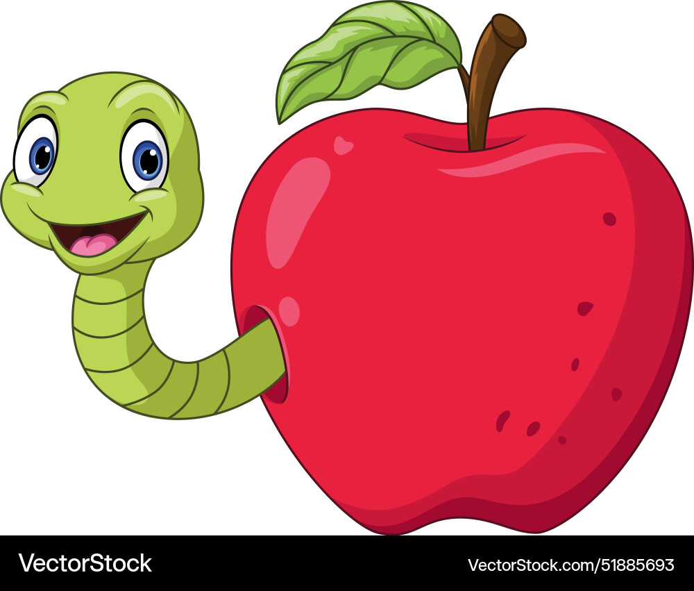 Cartoon smiling a green worm on red apple Vector Image