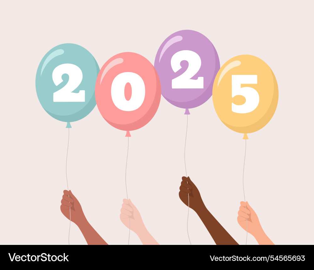 Hands holding balloons with the number 2025 Vector Image
