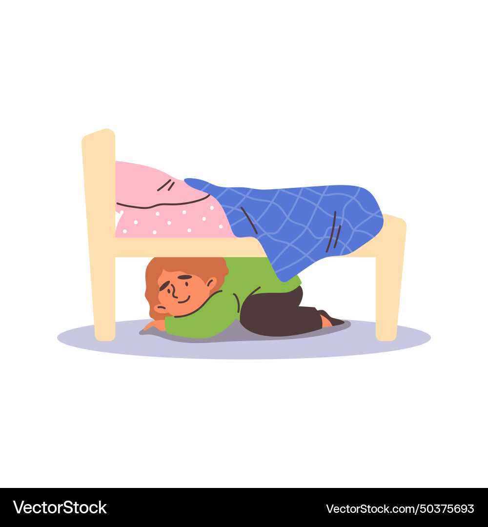 Happy smiling child hiding under the bed flat Vector Image
