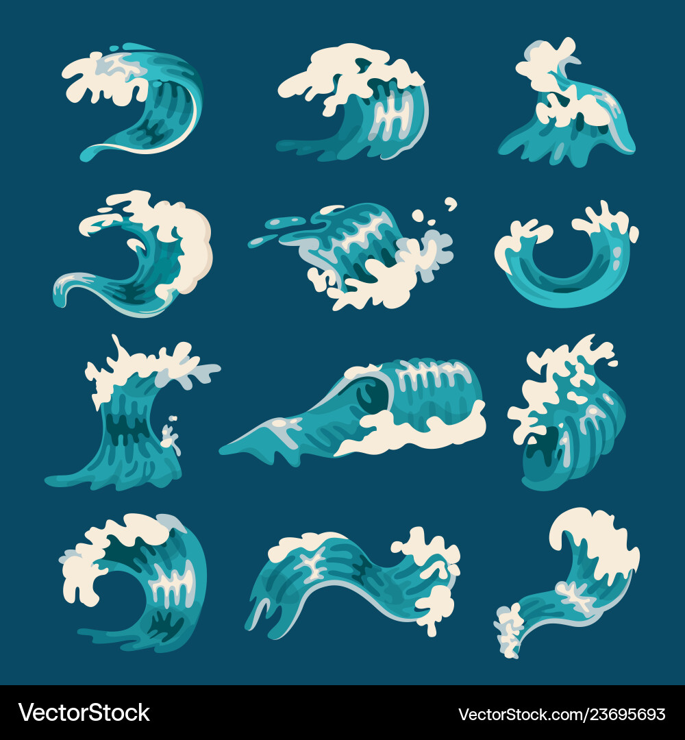 Ocean wave set splash and marine elements Vector Image