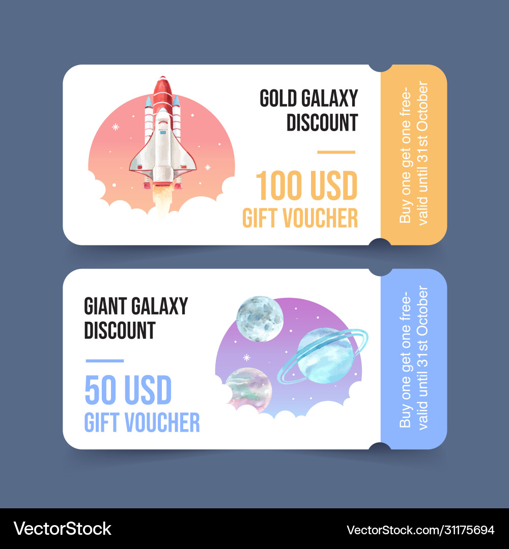 Galaxy ticket design with rocket saturn venus Vector Image