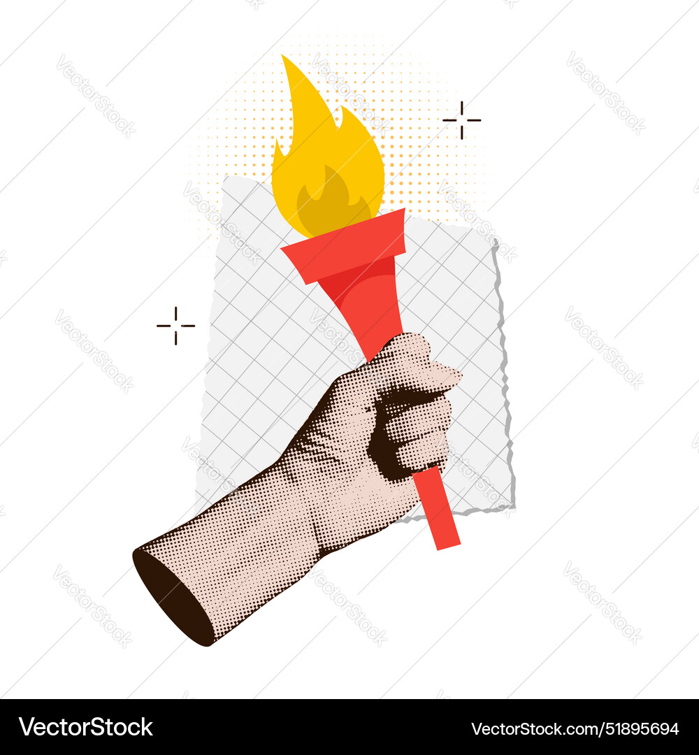 Trendy halftone collage with hand holding torch Vector Image