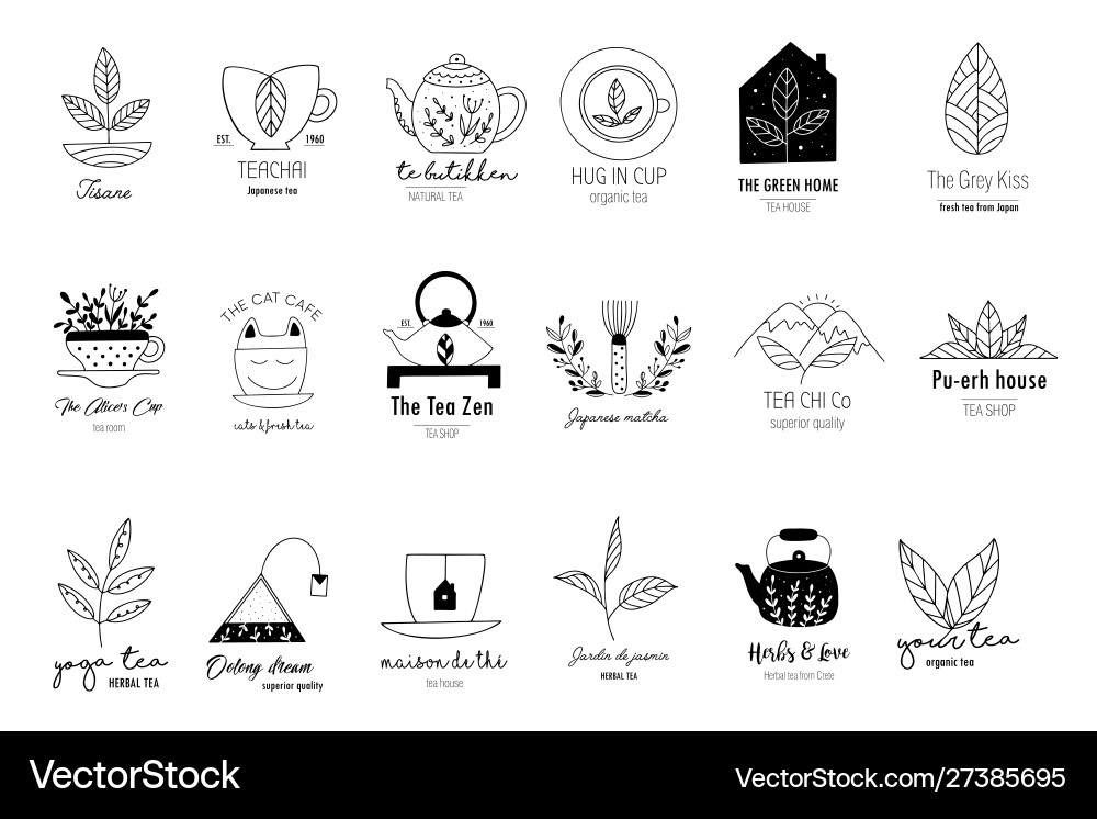 Hand drawn tea logo set in doodle style Royalty Free Vector