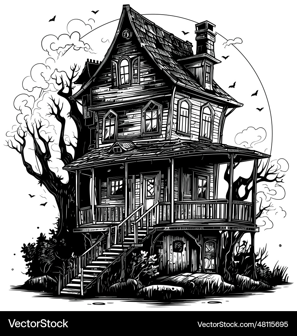 Haunted house linocut Royalty Free Vector Image