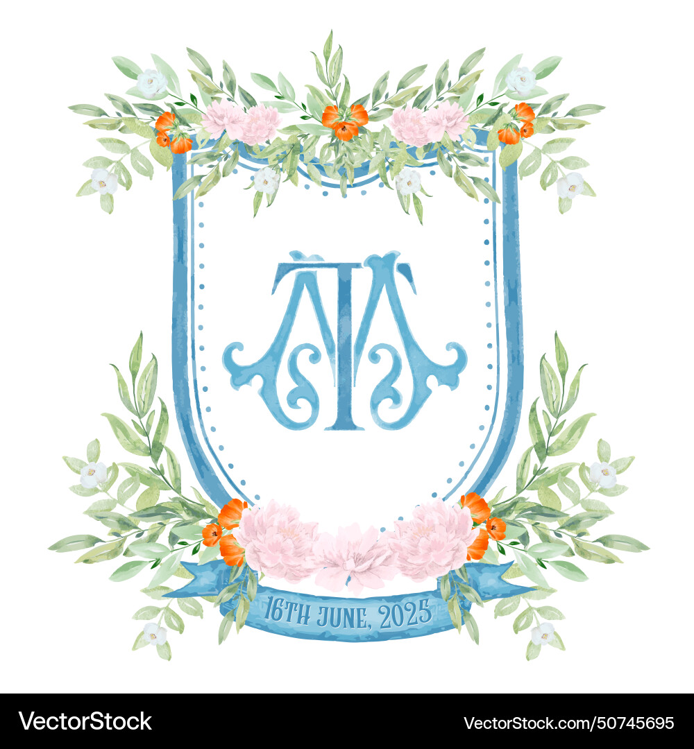 Mt initial watercolor wedding crest design Vector Image