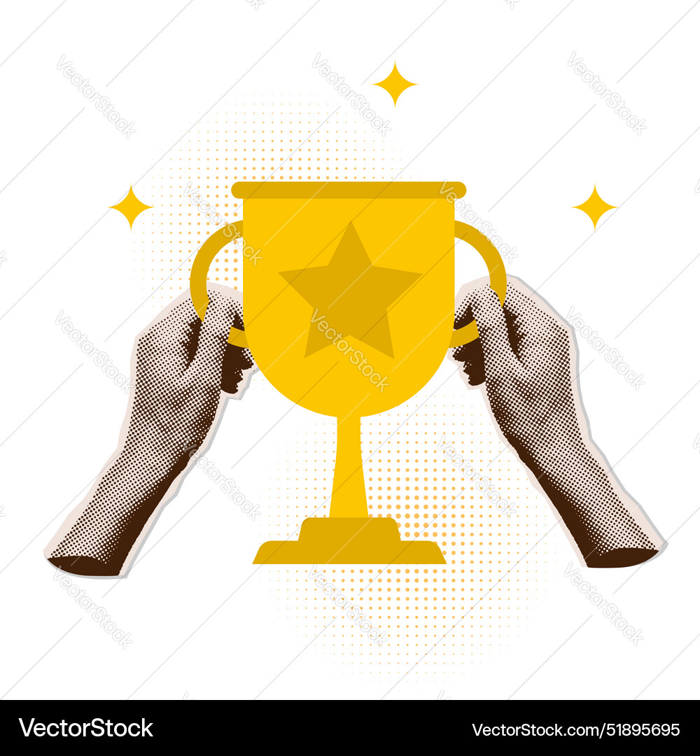 Two hands holding gold trophy cup award for win Vector Image